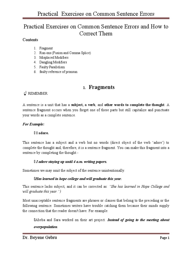 Sentence Errors and How To Correct Them | PDF | Grammatical Number ...