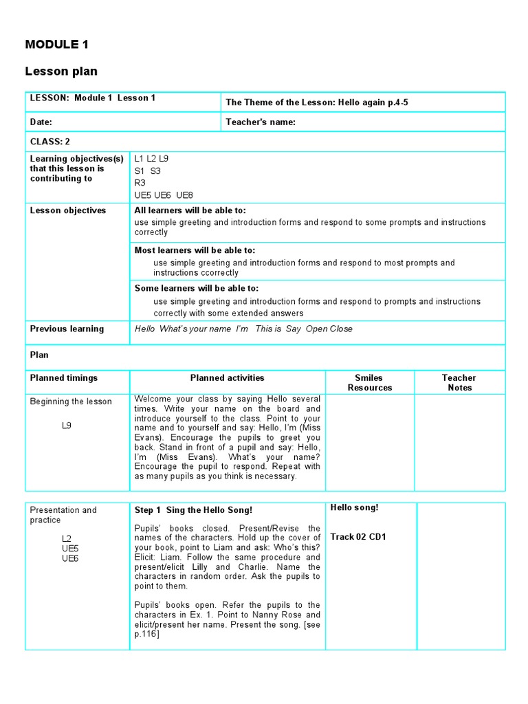 KSP Smiles 2 Lesson Plans Module 1 | PDF | Learning | Educational ...