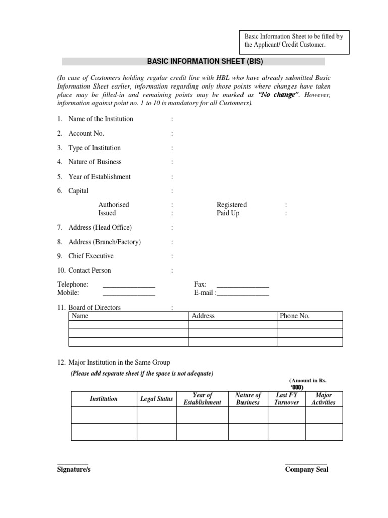 Basic Information Sheet To Be Filled by The Applicant/ Credit Customer ...
