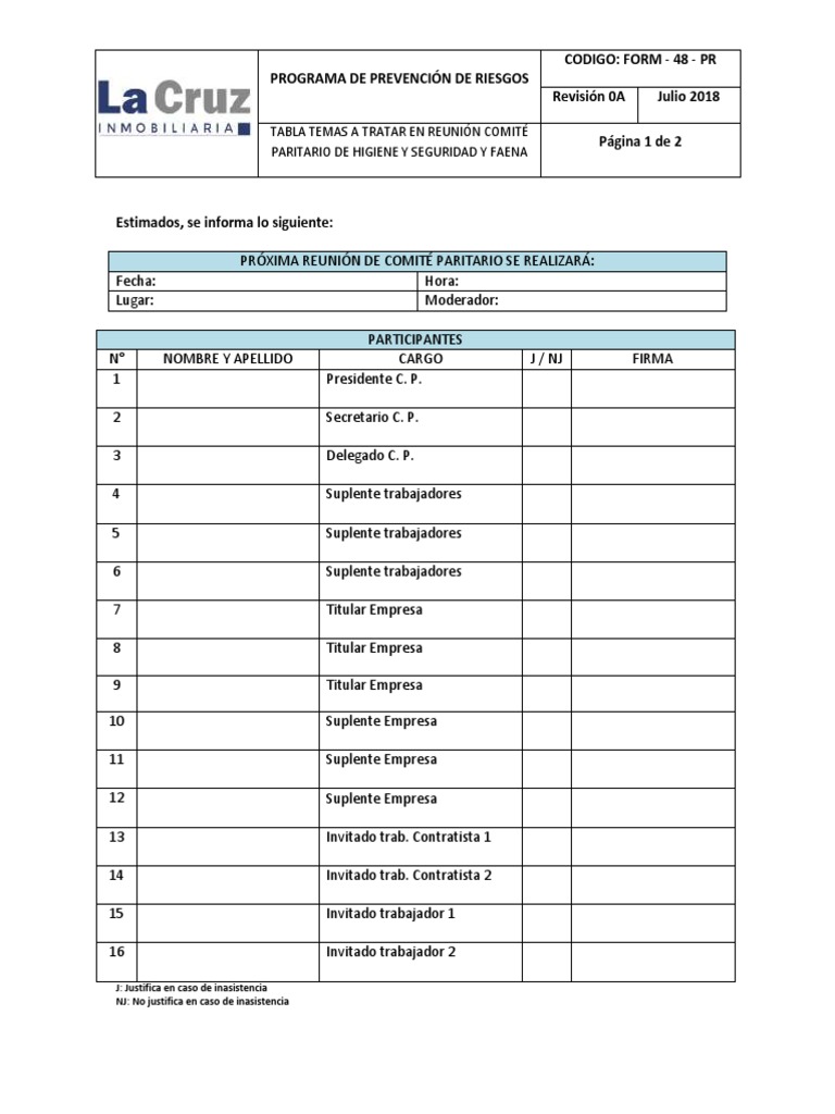 Form - 48 - PR Tabla de Temas A Tratar en Reunión CPHS | PDF