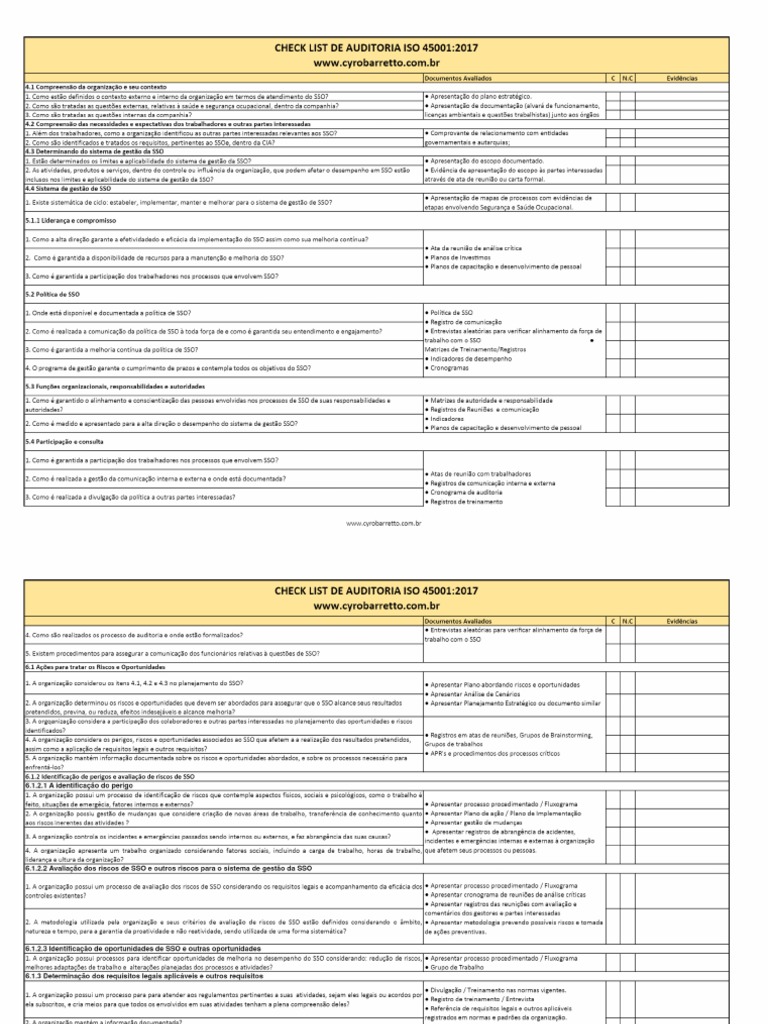 CHECK LIST DE AUDITORIA ISO 45001 - PDF | PDF