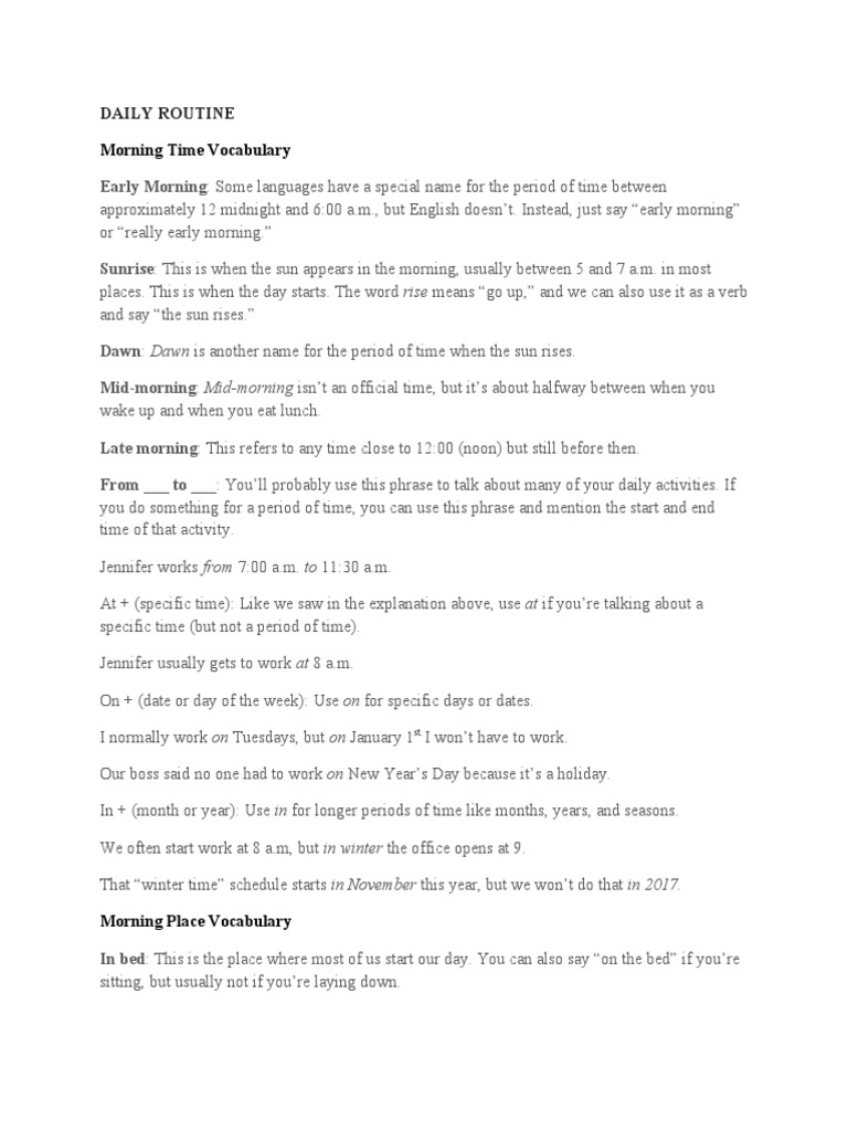 Morning Time Vocabulary: Daily Routine | PDF | Lunch | Cafeteria