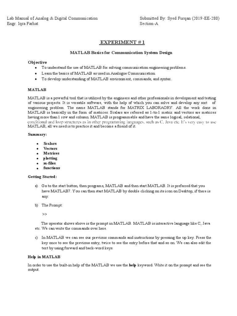 Experiment # 1: MATLAB Basics For Communication System Design Objective | Download Free PDF ...