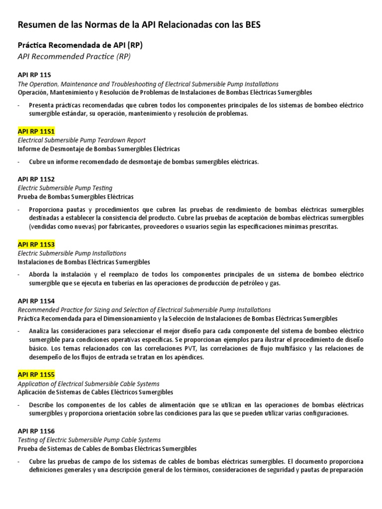 Resumen de Las Normas de La API Relacionadas Con Las BES | PDF ...