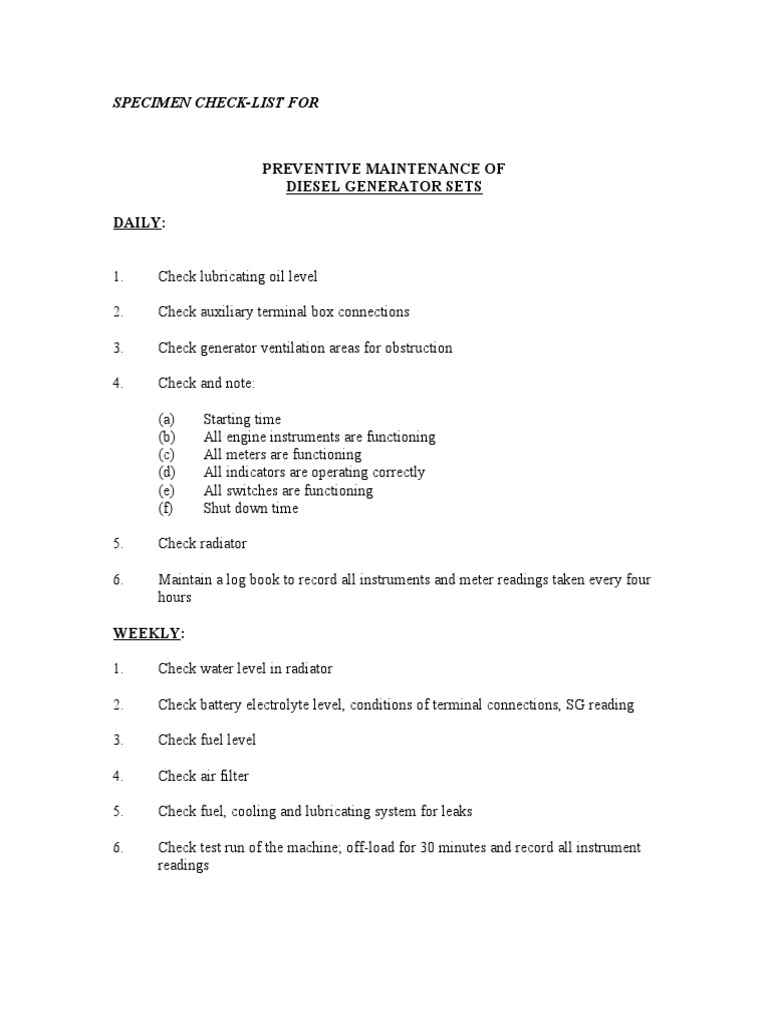 Diesel Generator Preventive Maintenance Checklist | PDF