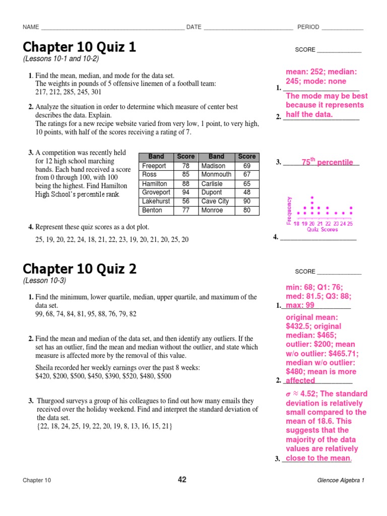 Alg 1 Chapt 10 Quiz and Test Ans | PDF | Skewness | Mode (Statistics)