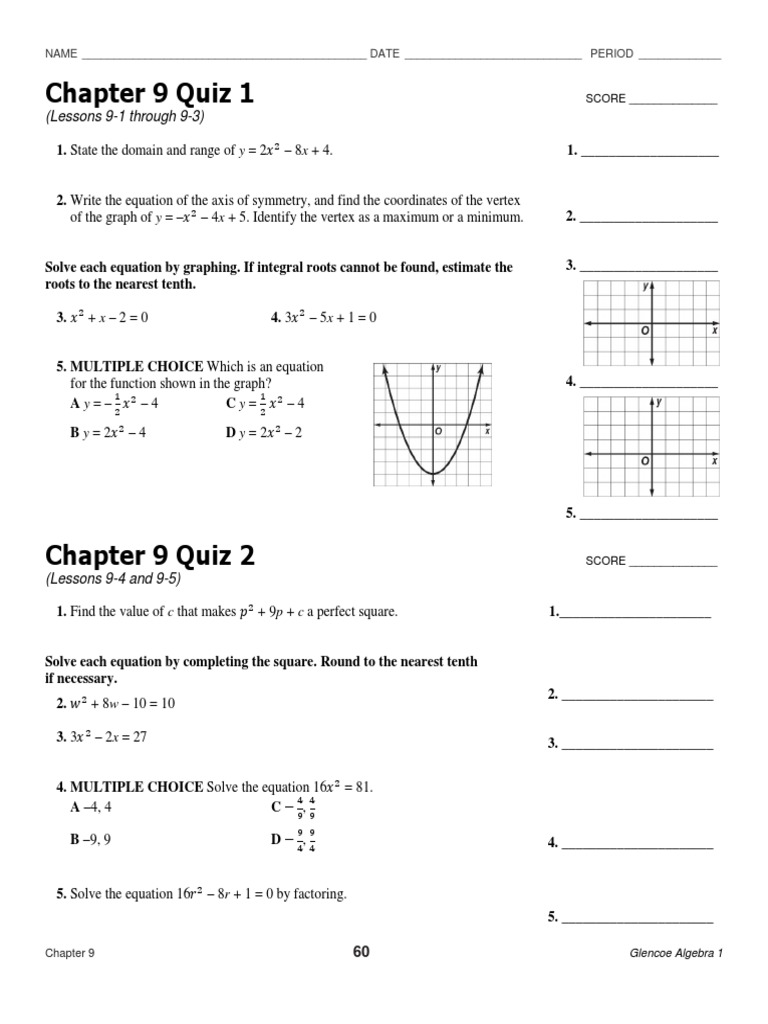 Alg 1 Chapter 9 Test and Quizzes | PDF | Quadratic Equation | Equations