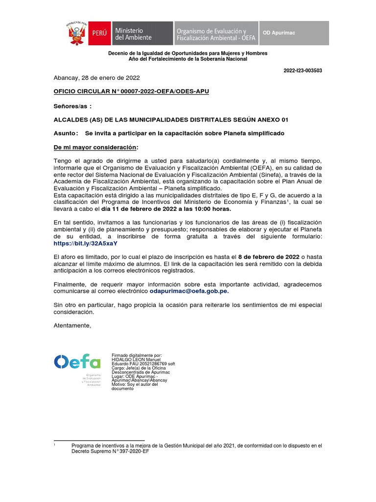 Oficio Circular 00007-2021-OEFA-ODES-APU | PDF