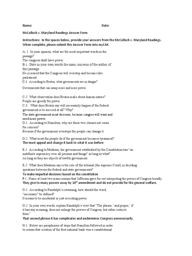McCulloch v. Maryland Case Analysis | PDF | American Political ...
