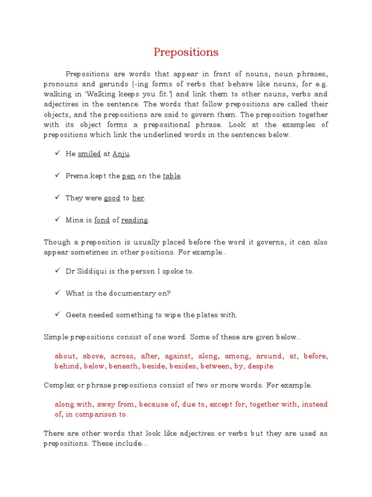 Grammar Chapter-2 Prepositions | PDF | Preposition And Postposition | Verb