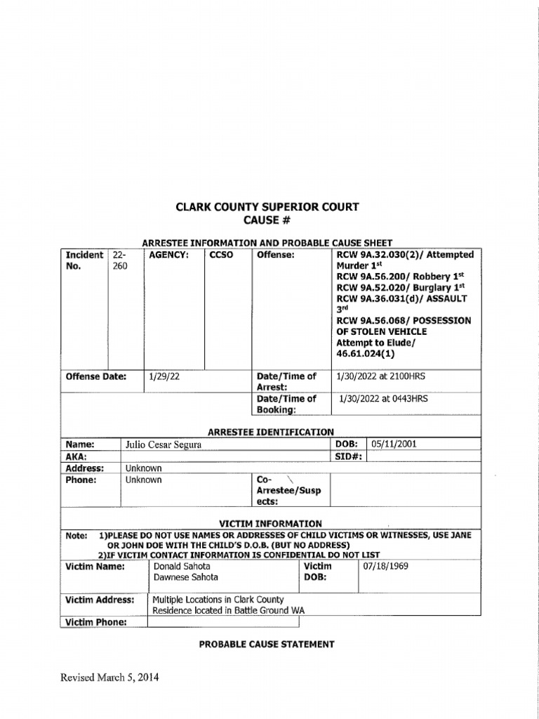 Probable Cause Statement, Clark County Superior Court - Arrest of Julio ...