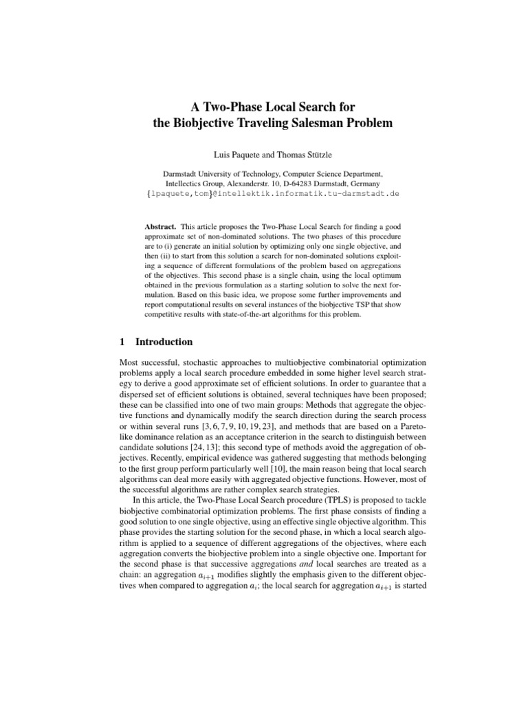 A Two Phase Local Search For The Biobjective Traveling Salesman Problem Pdf Mathematical