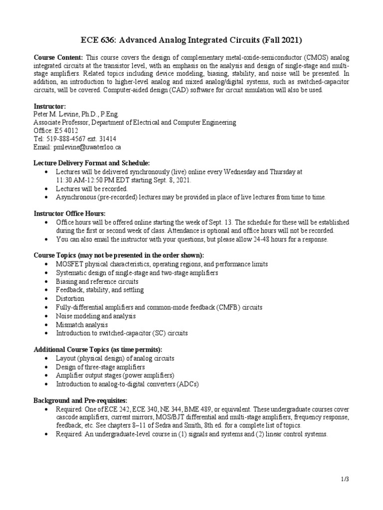 ECE 636: Advanced Analog Integrated Circuits (Fall 2021) | PDF ...
