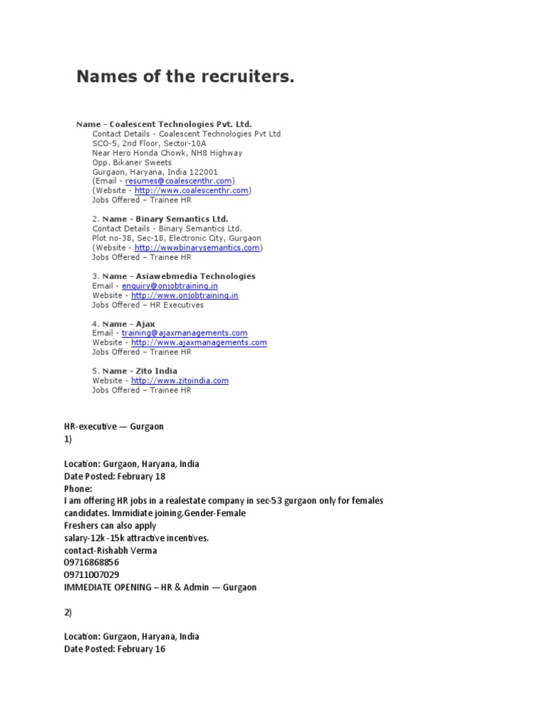 Names of The Recruiters | PDF | Delhi | Business