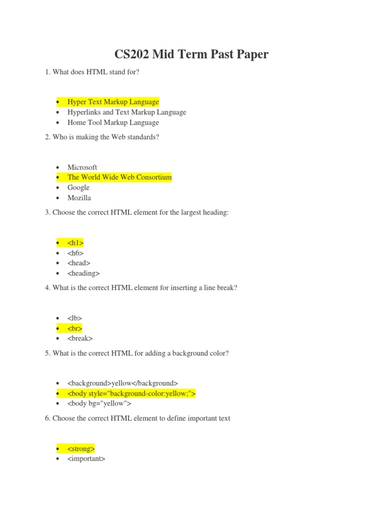 CS202 Mid Term Past Paper | PDF | Html | Html Element