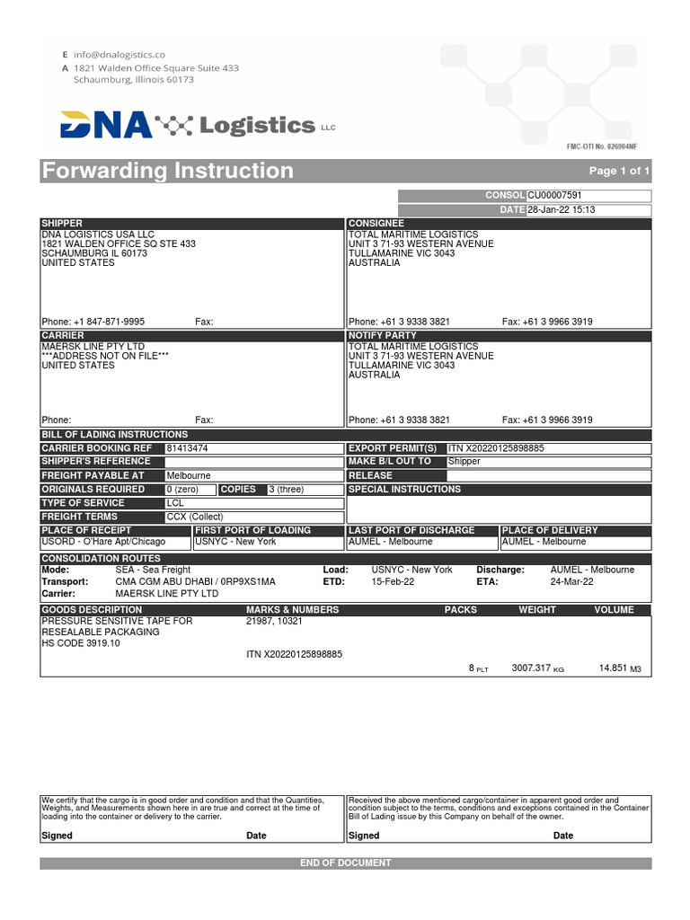 Forwarding Instruction: Page 1 of 1 | PDF | Cargo | Bill Of Lading