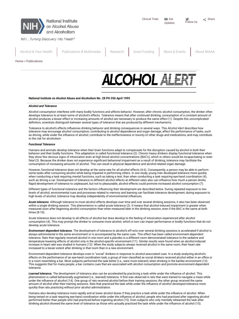 Alcohol and Tolerance - Alcohol Alert 95 | PDF | Alcoholism | Drug ...