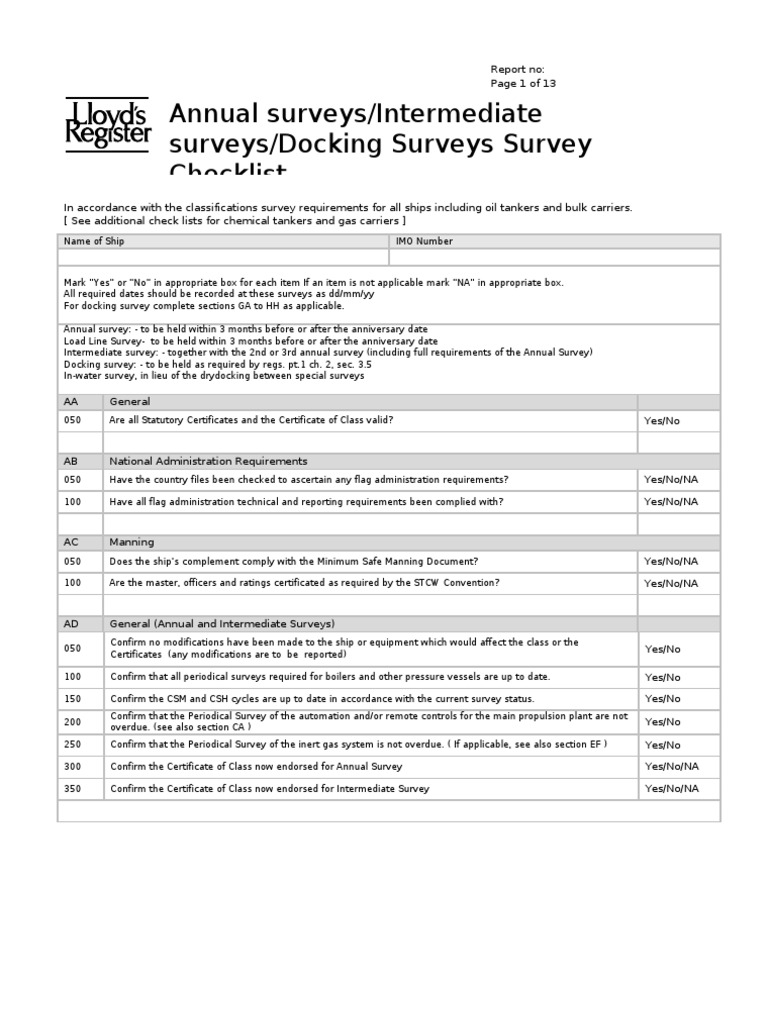 Annual Surveys/intermediate Surveys/docking Surveys Survey Checklist ...