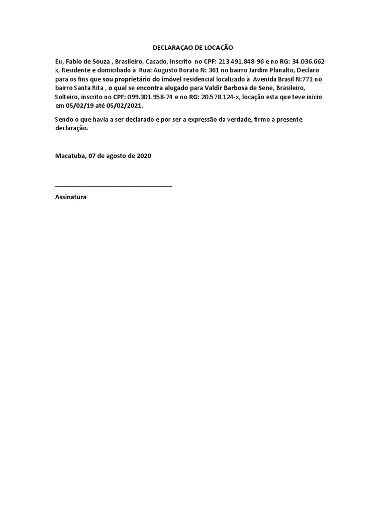 Declaraçao de Locação | PDF