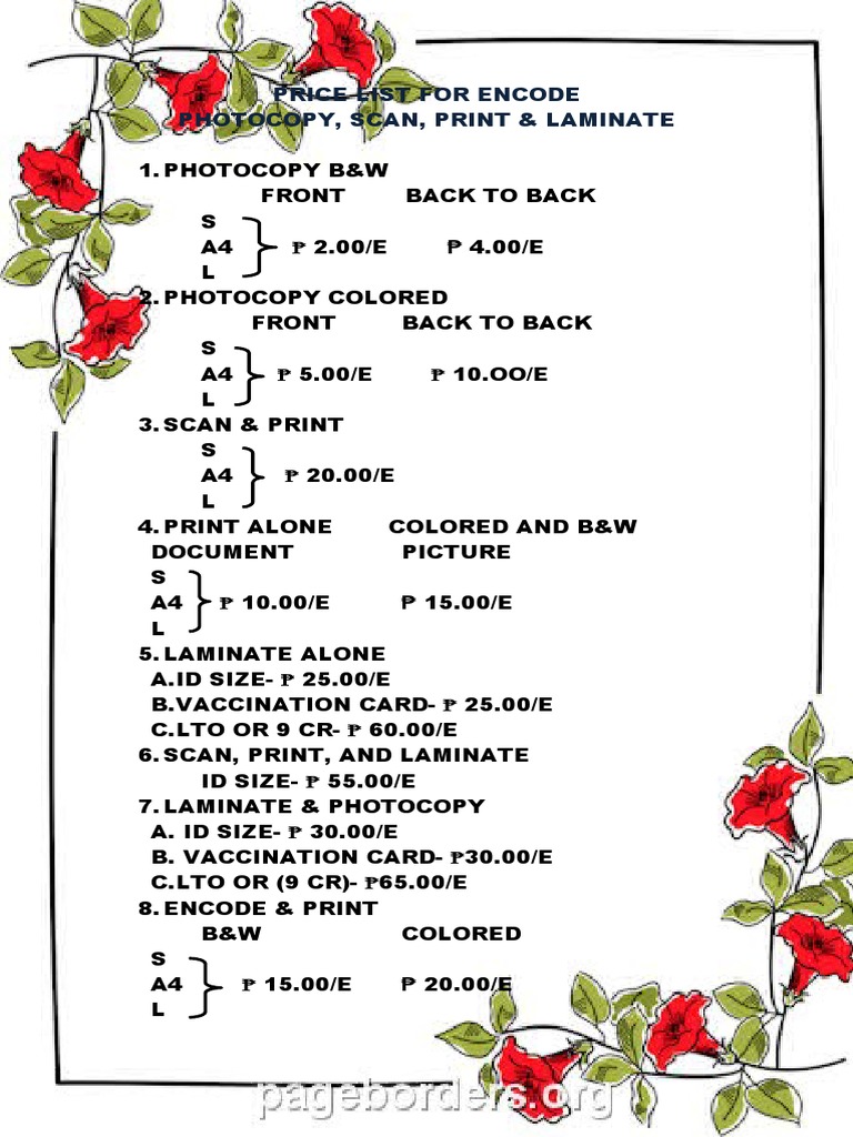 Price List For Encode Photocopy, Scan, Print & Laminate | PDF