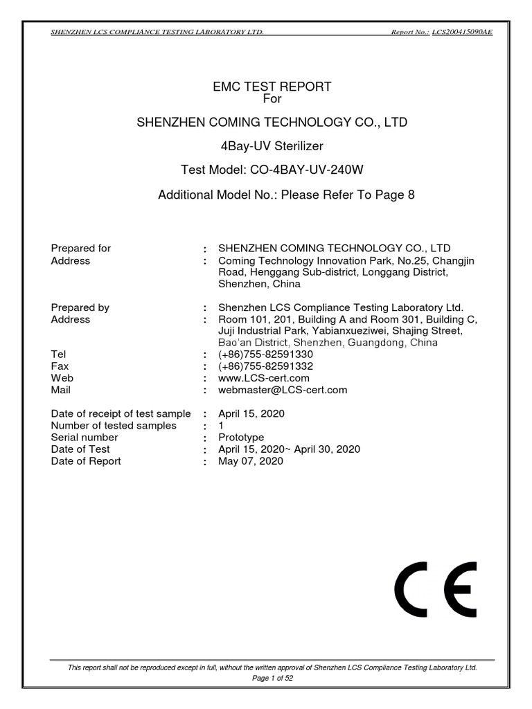 CO-4BAY-UV CE EMC Report LCS200415090AE | PDF | Accuracy And Precision ...