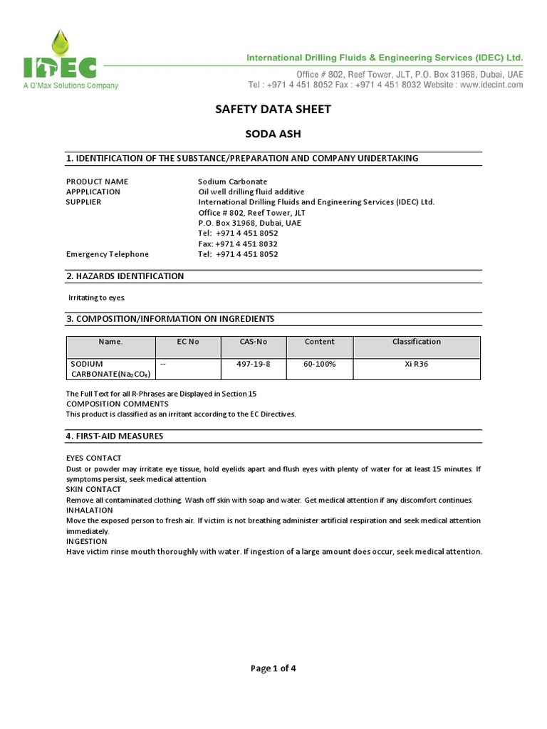 Safety Data Sheet: Soda Ash | PDF | Personal Protective Equipment ...
