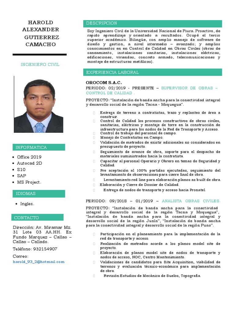 CV Documentado Harold Gutierrez | PDF | Ingeniero civil | Perú