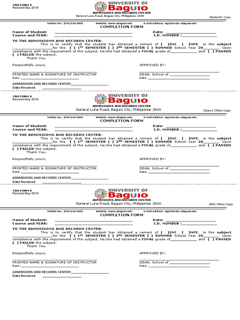 University of Baguio Completion Form | PDF | Academia