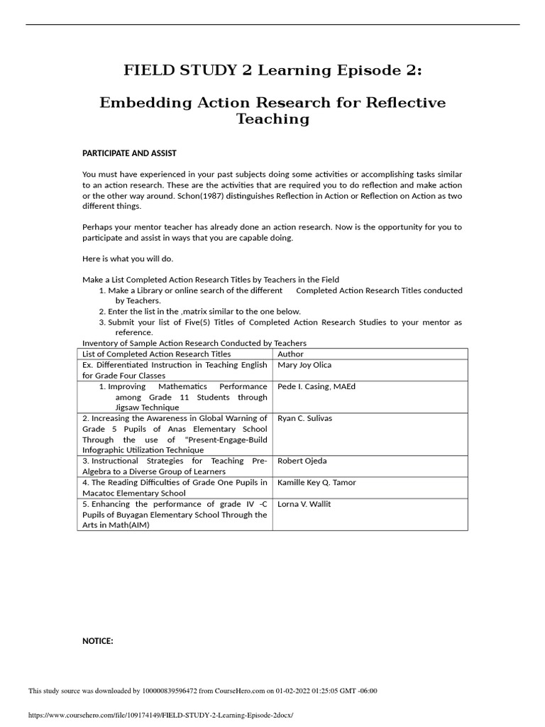 FIELD STUDY 2 Learning Episode 2: Embedding Action Research For Reflective Teaching | PDF ...
