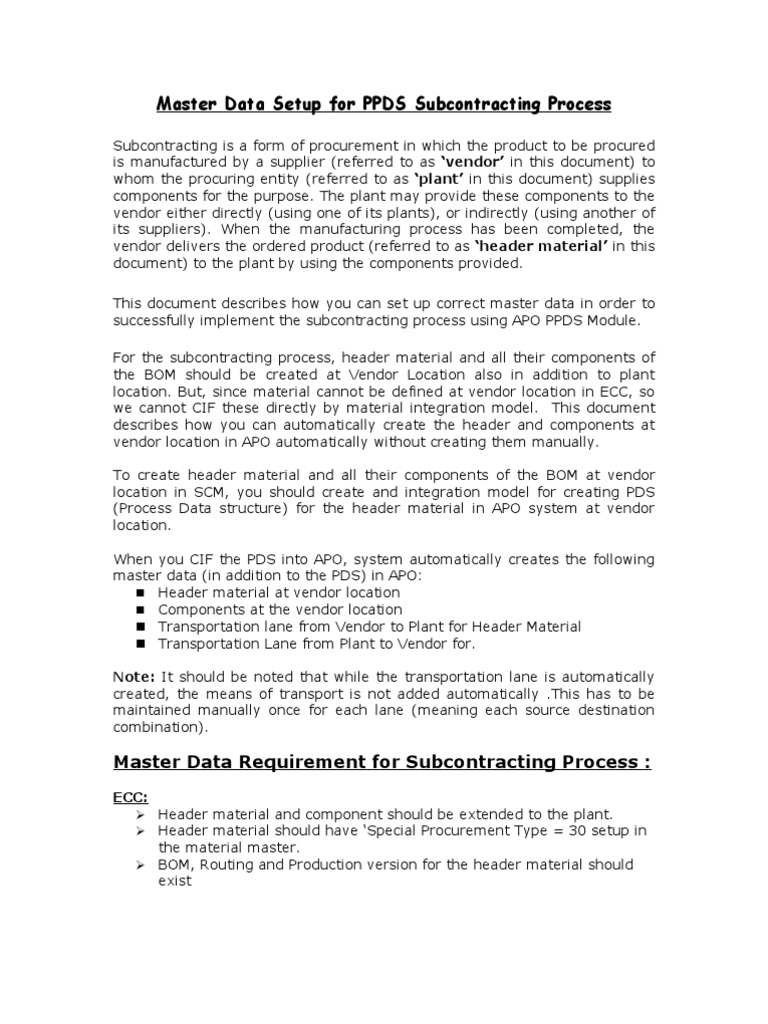 PPDS Subcontracting Master Data Setup | PDF | Procurement | Supply Chain
