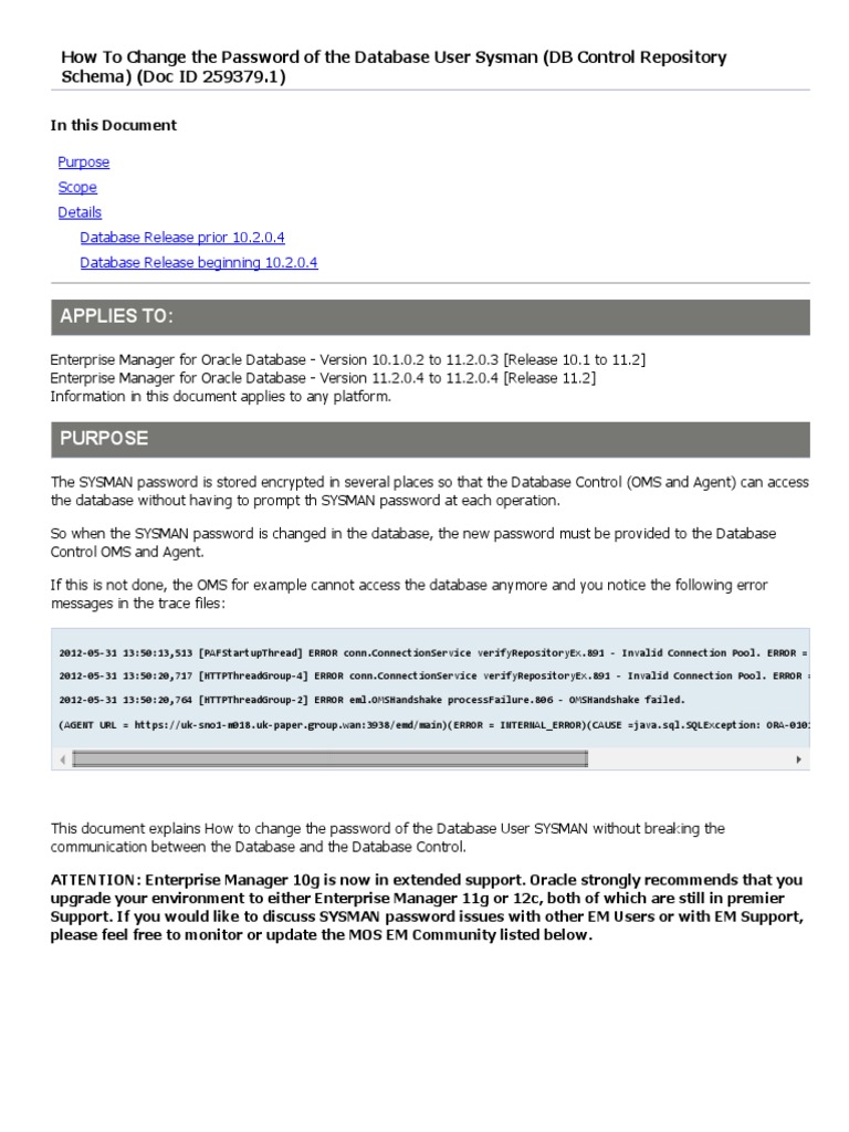 How To Change The Password of The Database User Sysman Document 259379 | PDF | Databases | Password