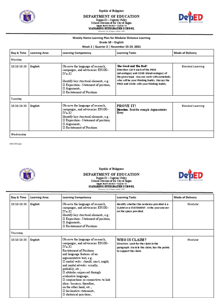 Weekly Home Learning Plan Q2W1 | PDF | Evidence | Verb