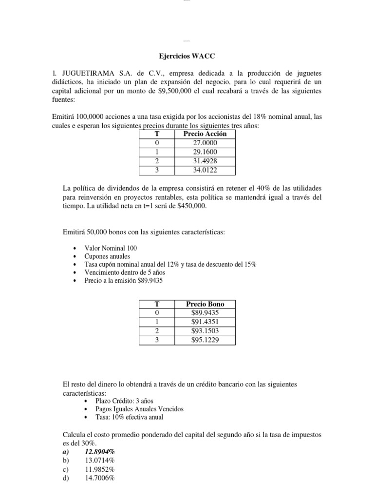 Ejercicios WACC | PDF | Compartir (Finanzas) | Economias