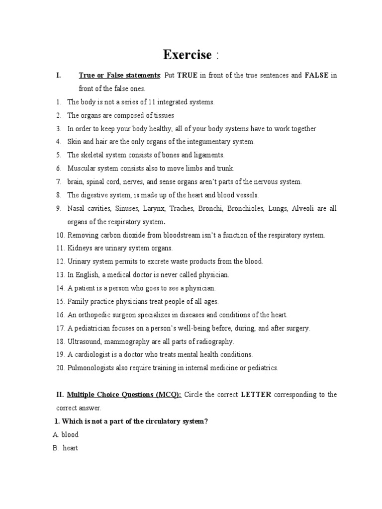 Exercise:: I. True or False Statements: Put TRUE in Front of The True ...