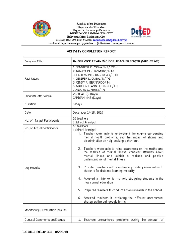 Inset December 2020 Completion Report | PDF | Learning | Psychological ...