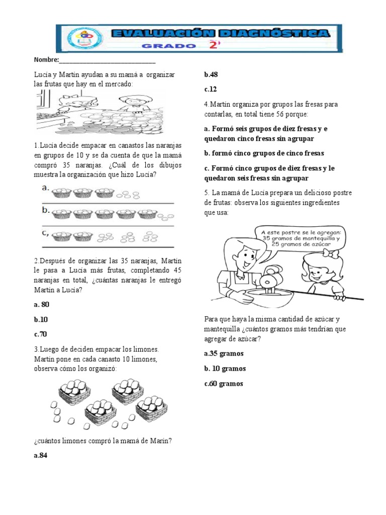 Prueba Diagnostica de Matemáticas Segundo | PDF