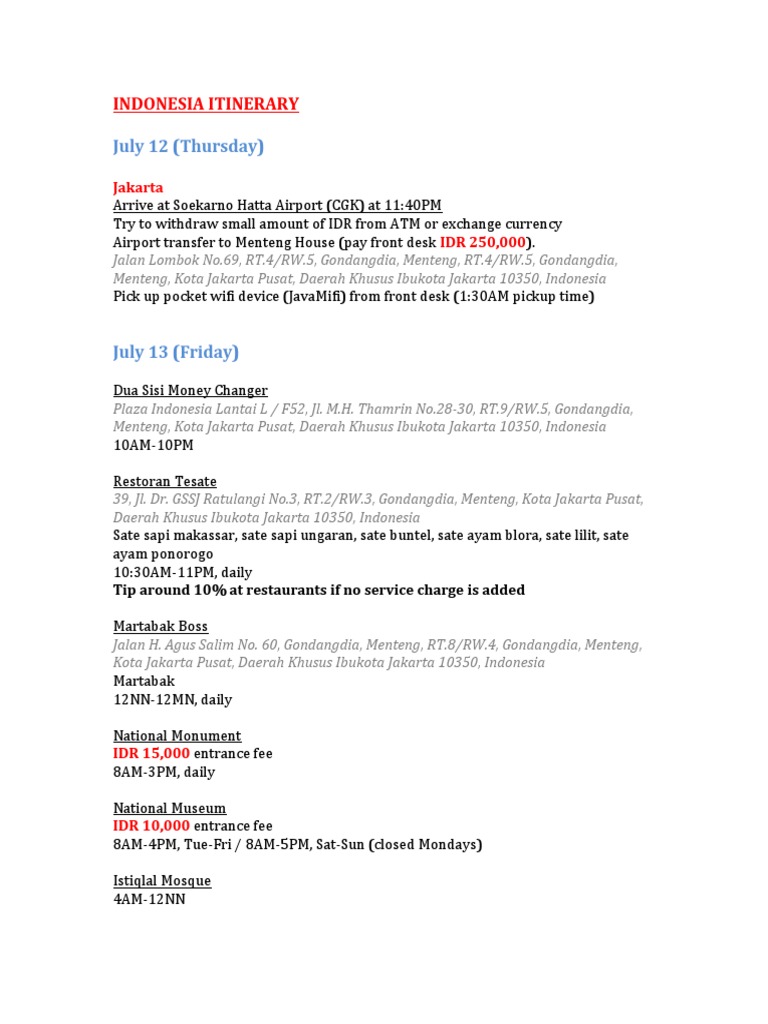 Indonesia - Itinerary | PDF | Jakarta | Bali