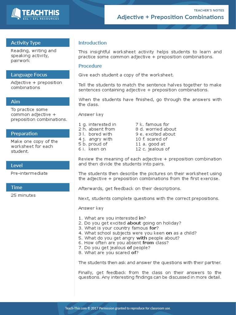 Adjective + Preposition Combinations: Activity Type | PDF | English As ...