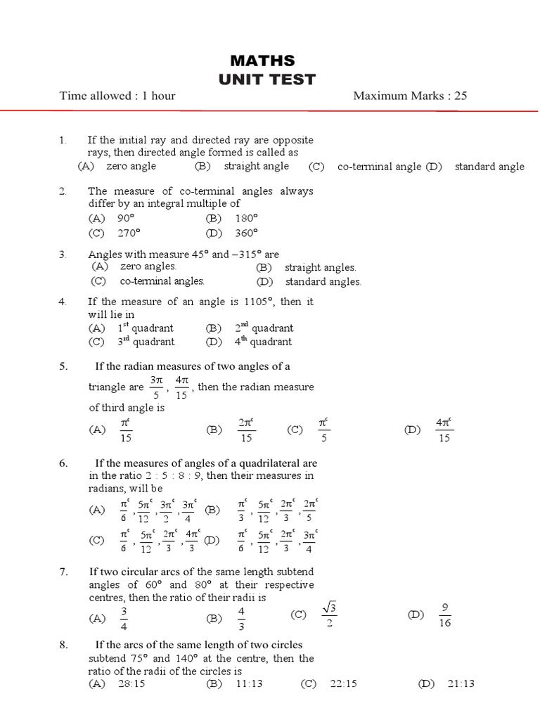 Maths Unit Test Paper | PDF | Angle | Area