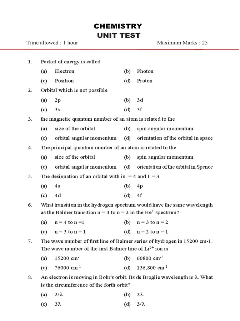 Chemistry Unit Test Paper | PDF | Atomic Orbital | Electron