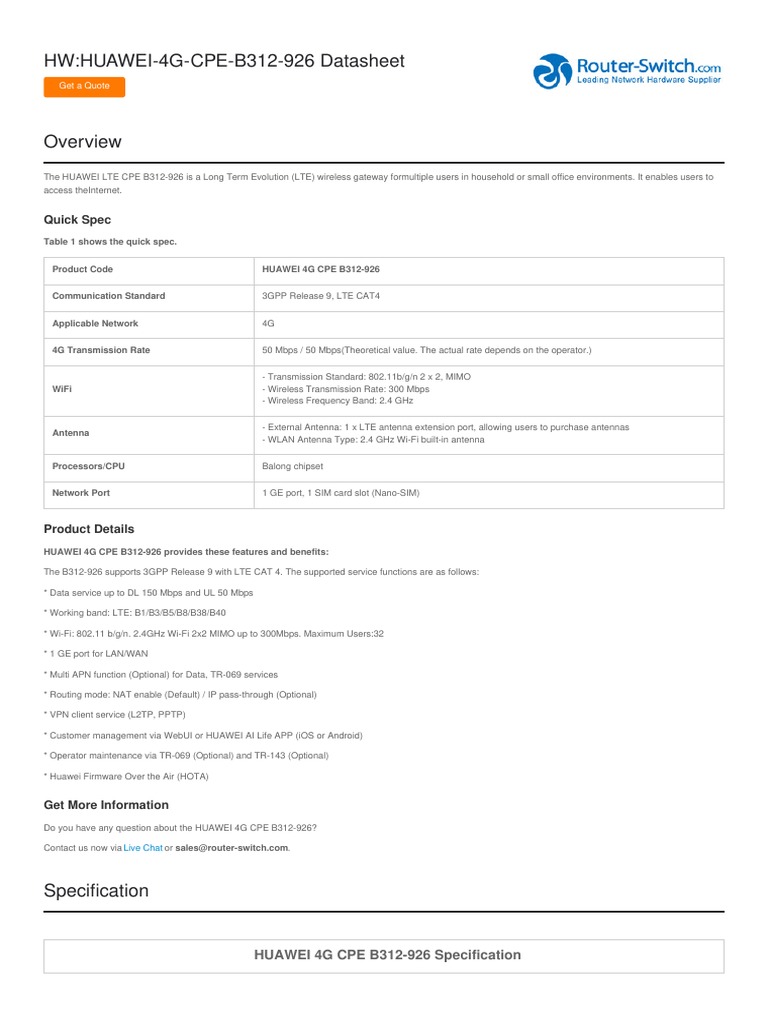 HW:HUAWEI-4G-CPE-B312-926 Datasheet: Quick Spec | PDF | Wi Fi | 4 G