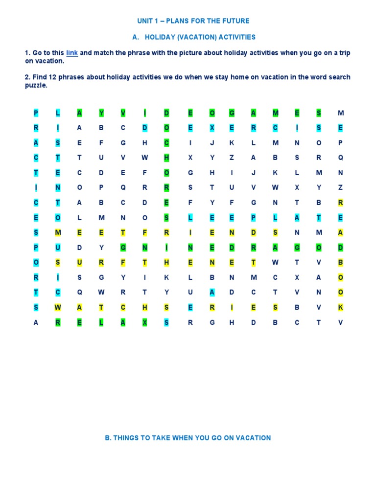 Unit 1 - Plans For The Future A. Holiday (Vacation) Activities | PDF