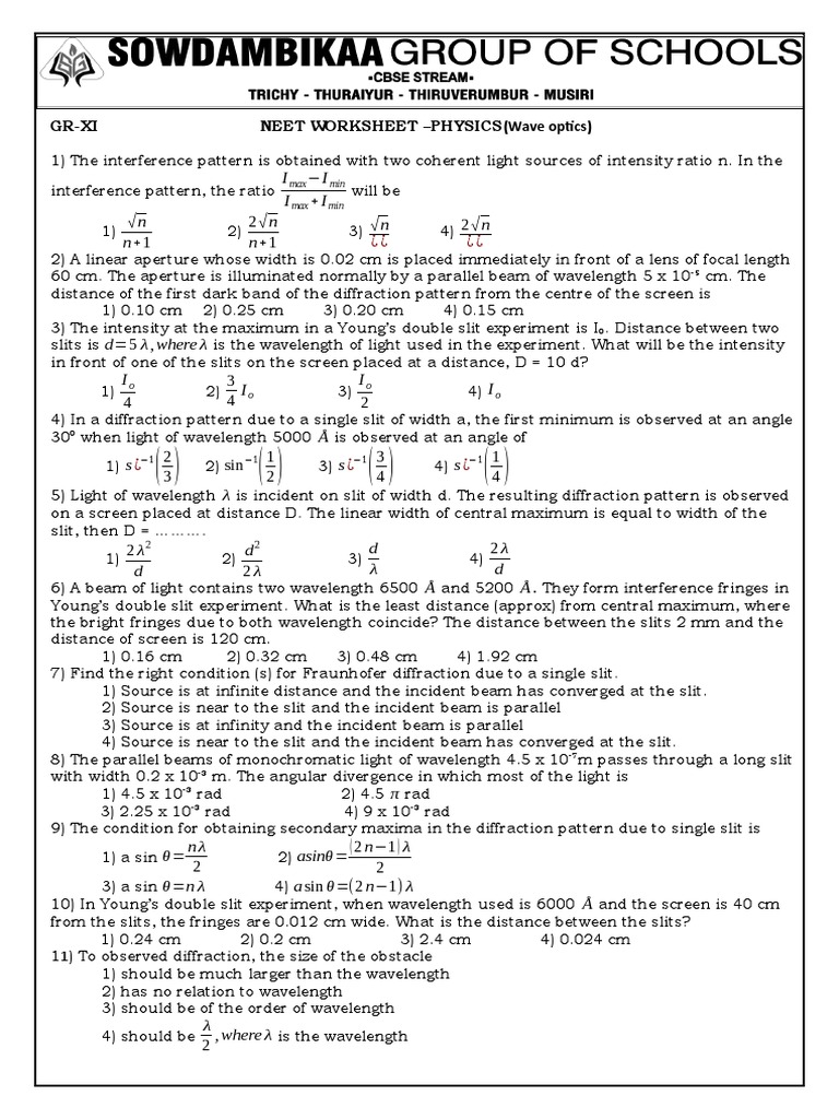GR-XII Neet WORKSHEET - PHYSICS (Wave Optics) | PDF | Diffraction ...
