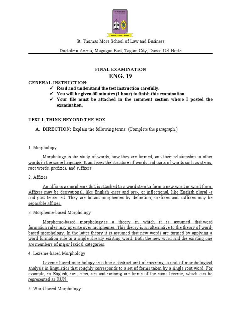 Final Examination | PDF | Morphology (Linguistics) | Lexicon
