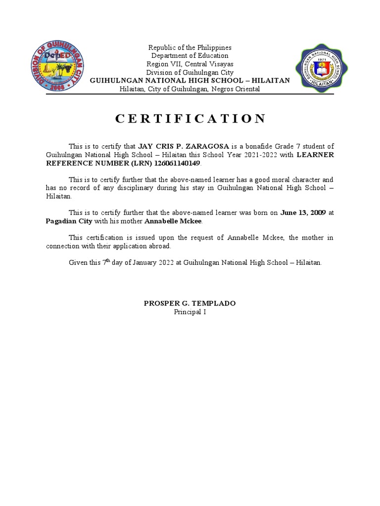 Certification: Guihulngan National High School - Hilaitan | PDF