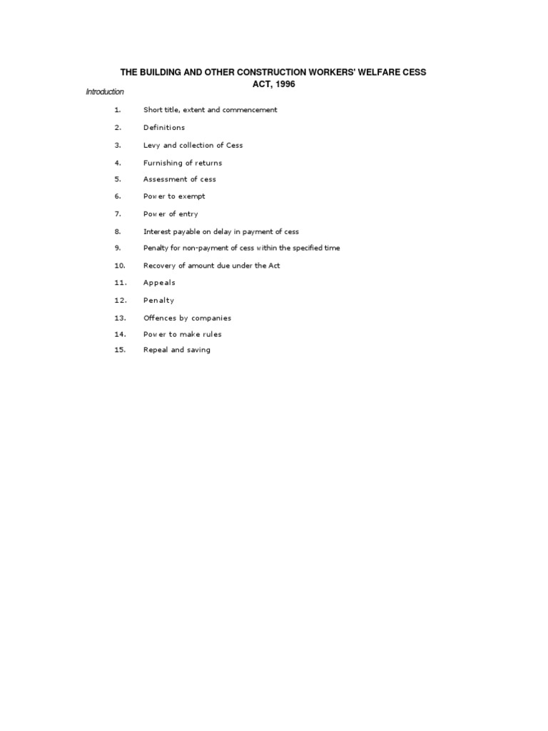 Building and Other Construction Workers' Welfare Cess Act, 1996 | PDF ...