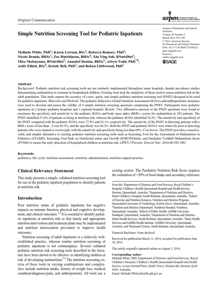 Simple Nutrition Screening Tool For Pediatric Inpatients | PDF | Body ...