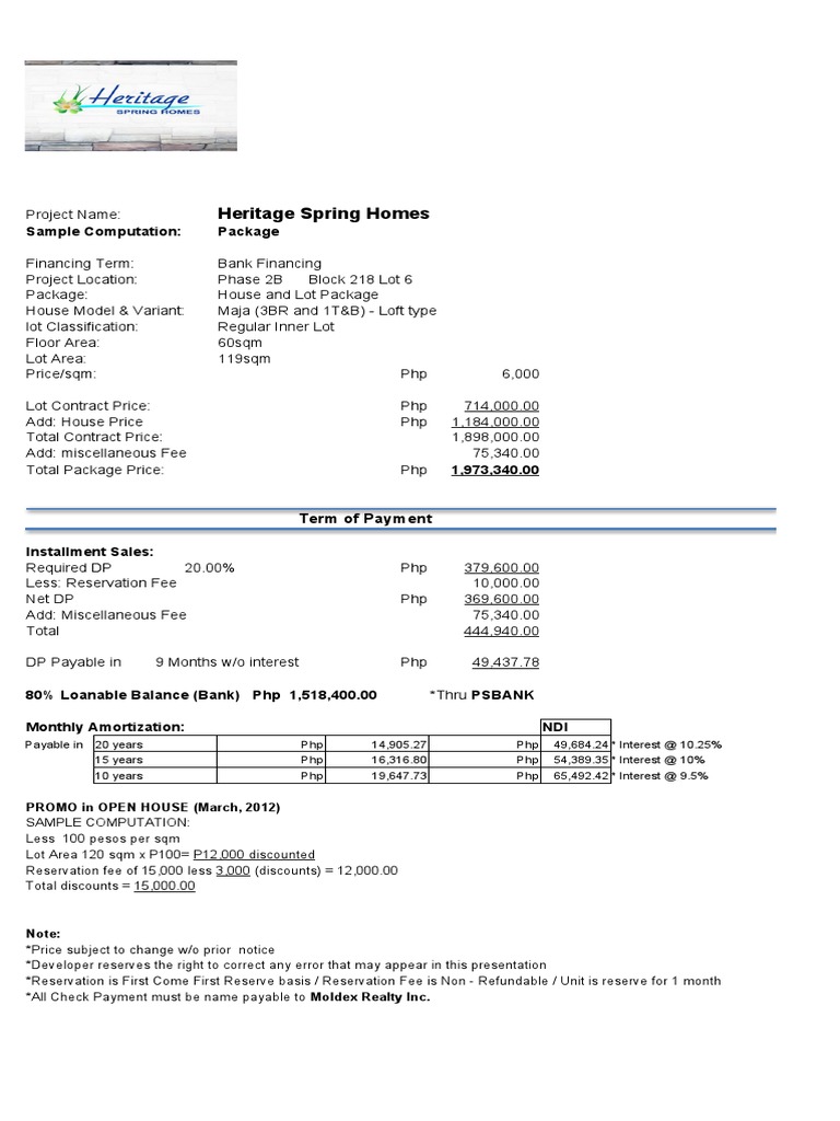 Heritage Spring Homes: Sample Computation: Package | PDF | Market ...
