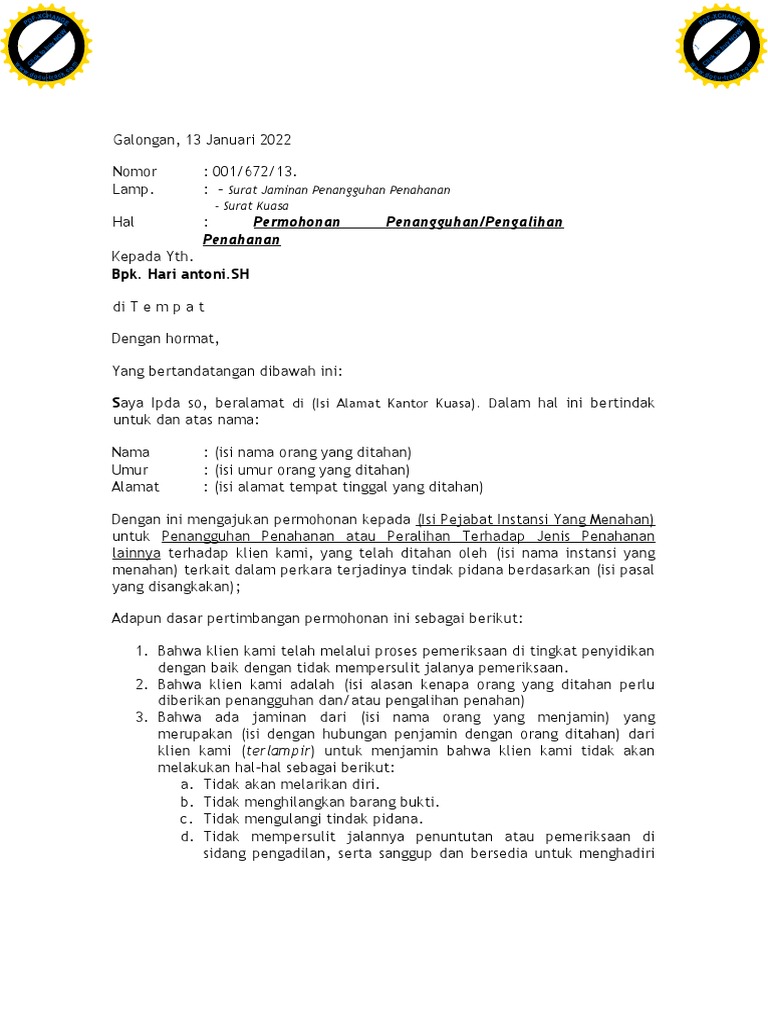 Permohonan Penangguhan Atau Pengalihan Penahanan | PDF