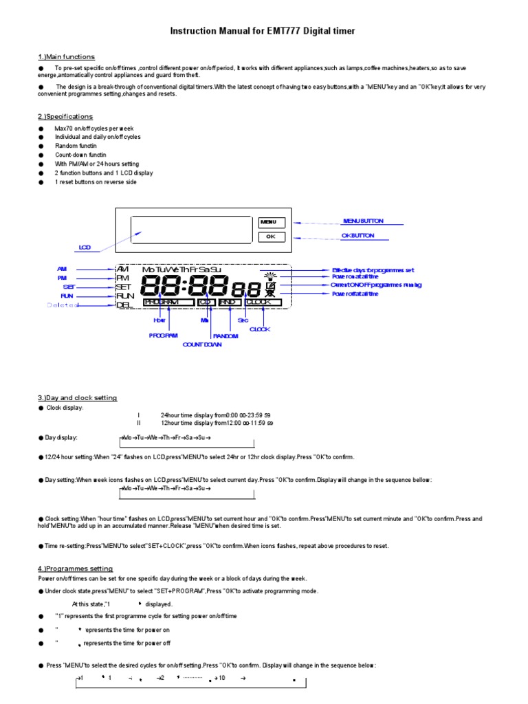 Instruction Manual For EMT777 Digital Timer: 1.) Main Functions | PDF | Timer | Manufactured Goods